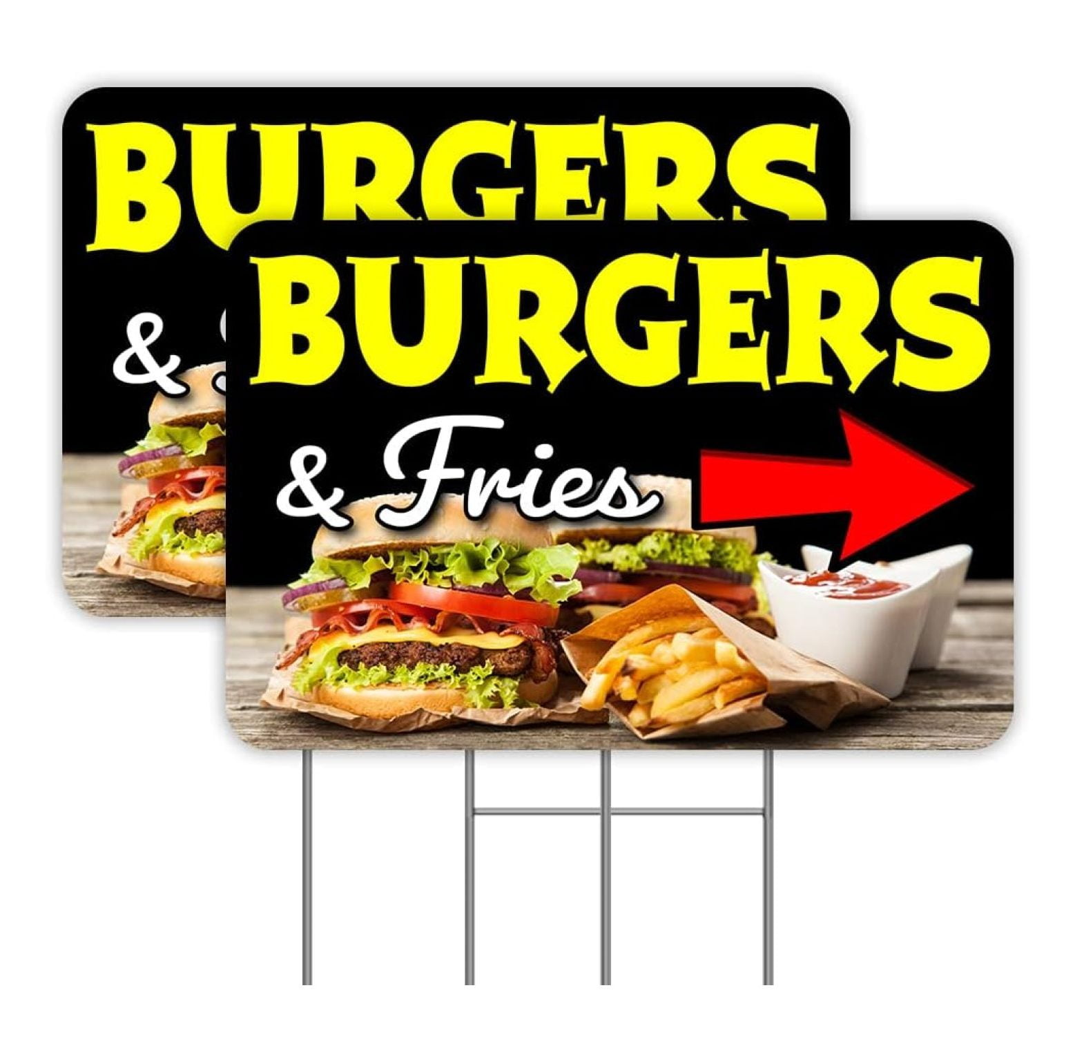 Burgers & Fries (Arrow) 2 Pack Yard Signs 16" x 24" - Double-Sided ...