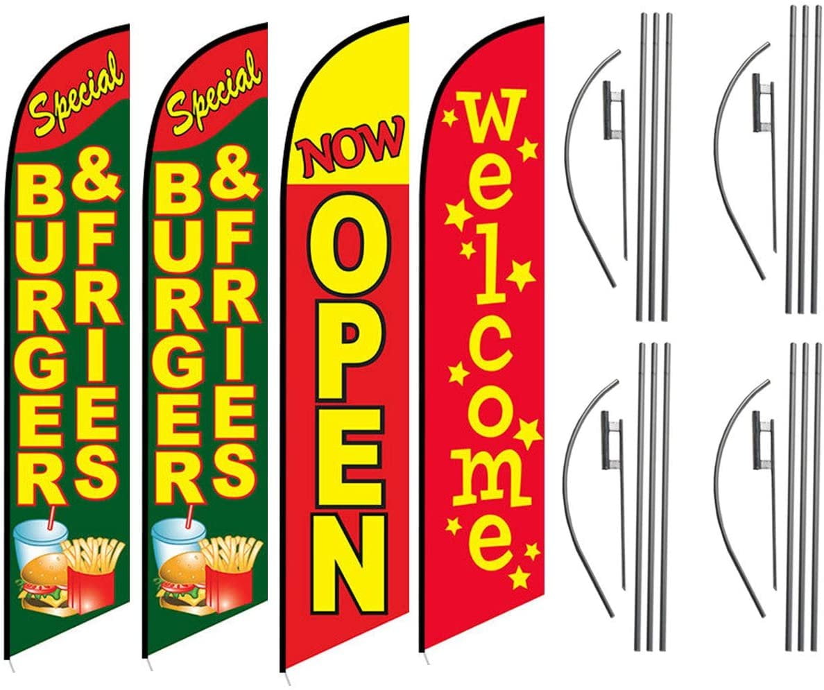 Burgers Fries Now Open Welcome Feather Flag Kit Package for Restaurants ...