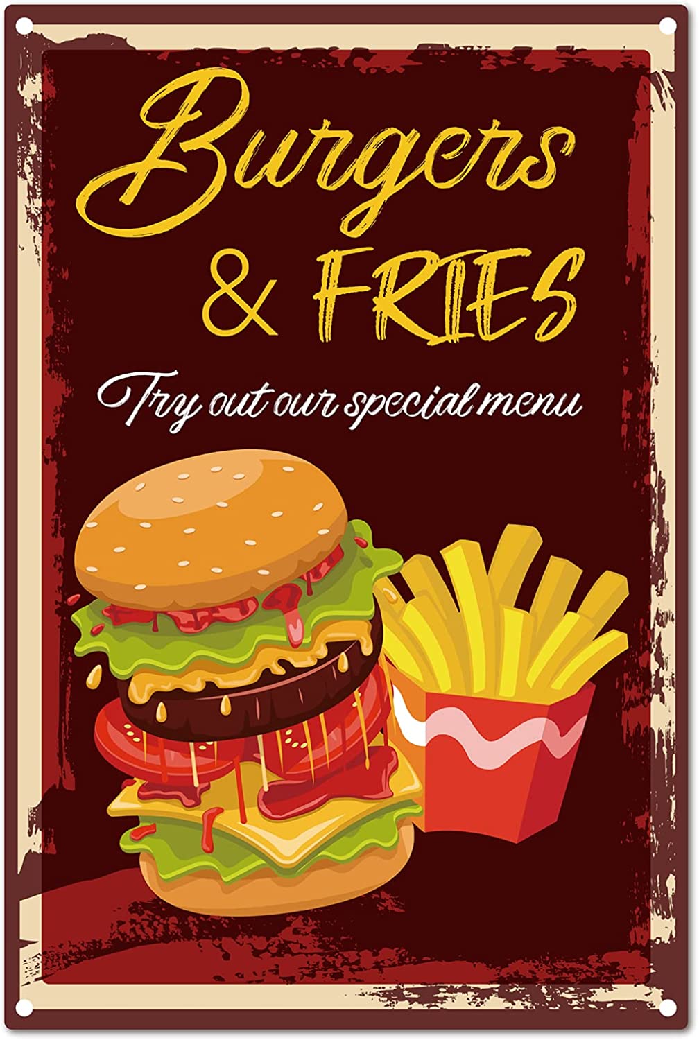 Burgers & Fries Sign Metal Tin Signs Vintage Retro for Plaque Poster Bar Pub Garage Fast Food ...