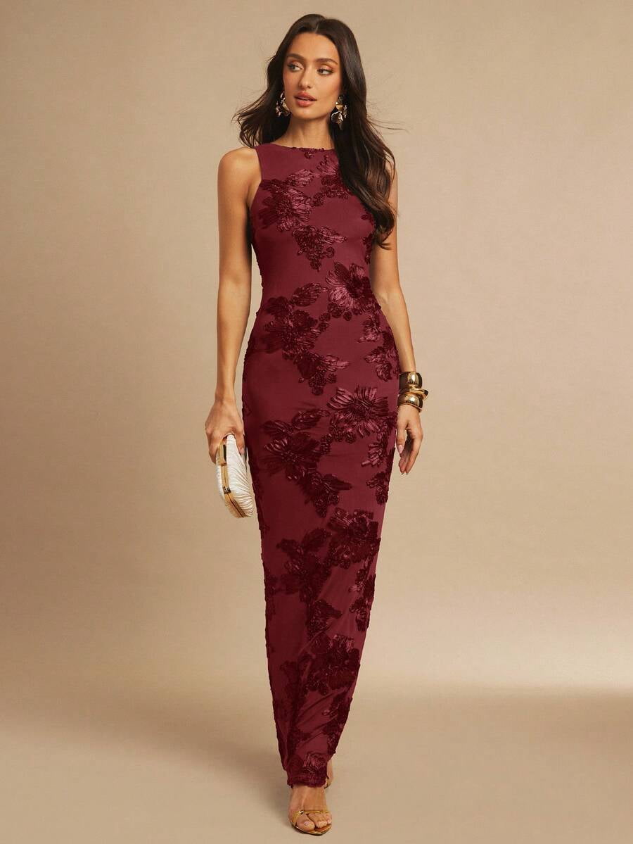 Burgundy 3D Floral Embroidered Sleeveless High Neck Fitted Maxi Dress ...