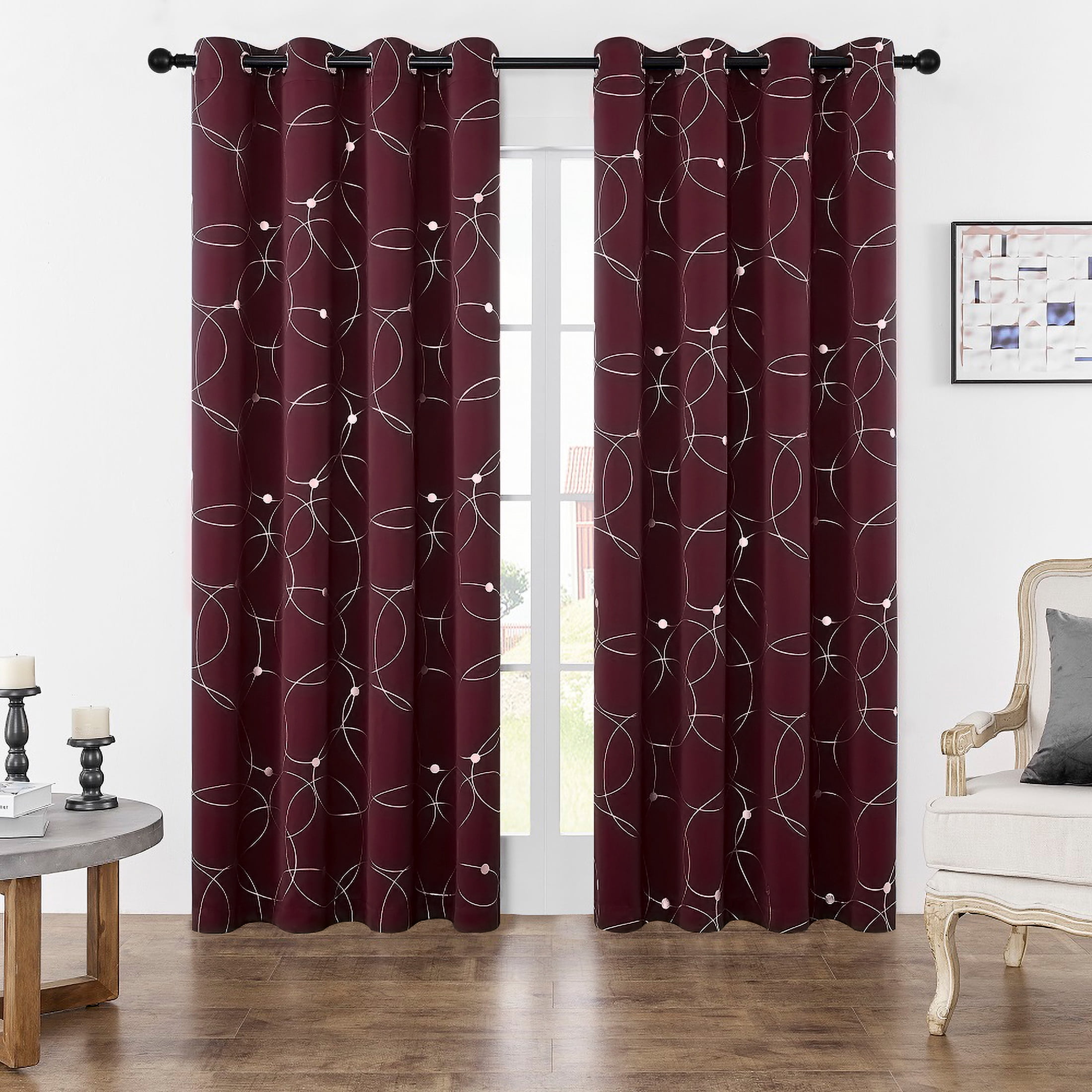 Yonacyfo Burgundy 52W x 84L Silver Cycle Foil Print Grommet Blackout ...