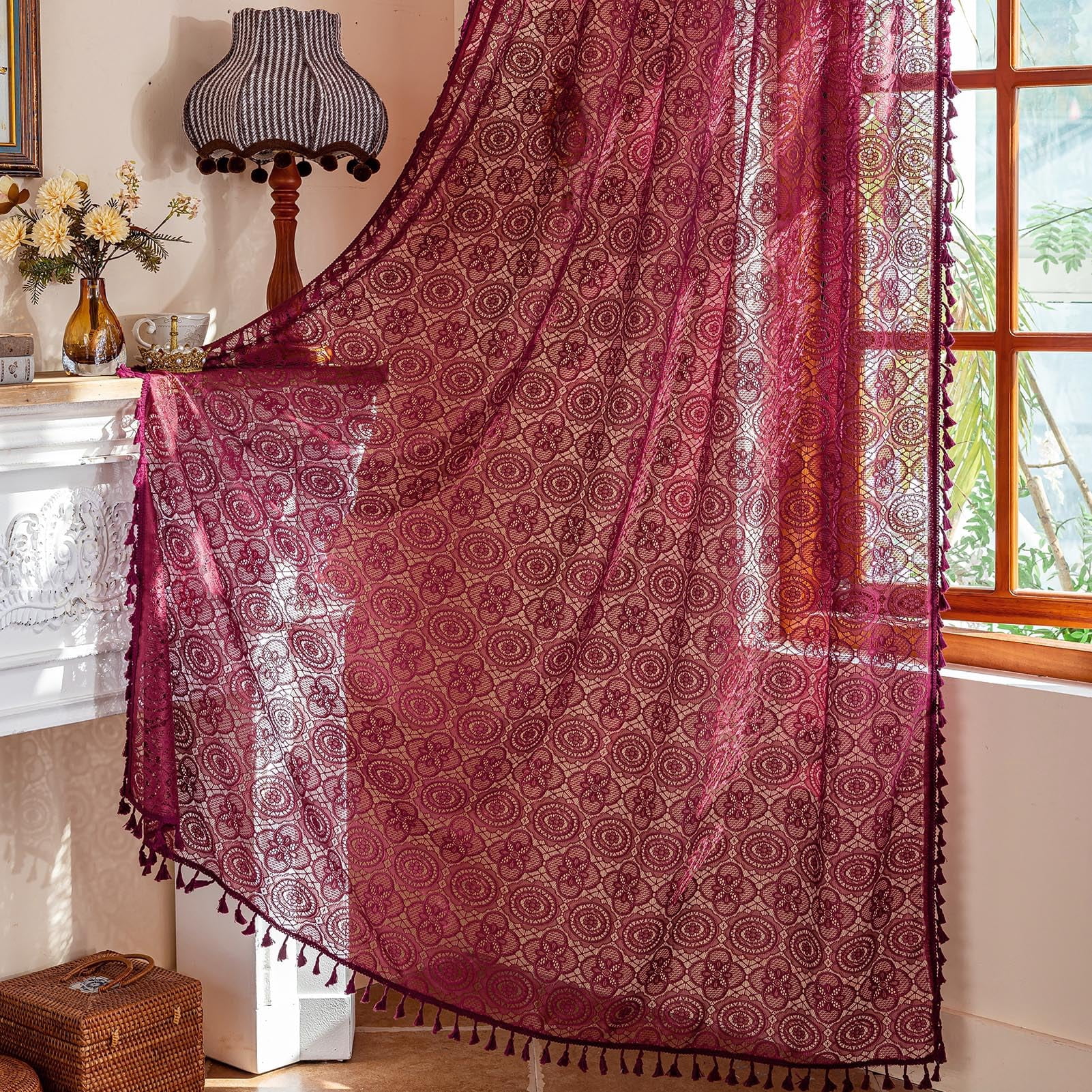 Burgundy 60"W x 84"L (Pack of 1) Lace Sheer Curtain Panel with Tassels ...