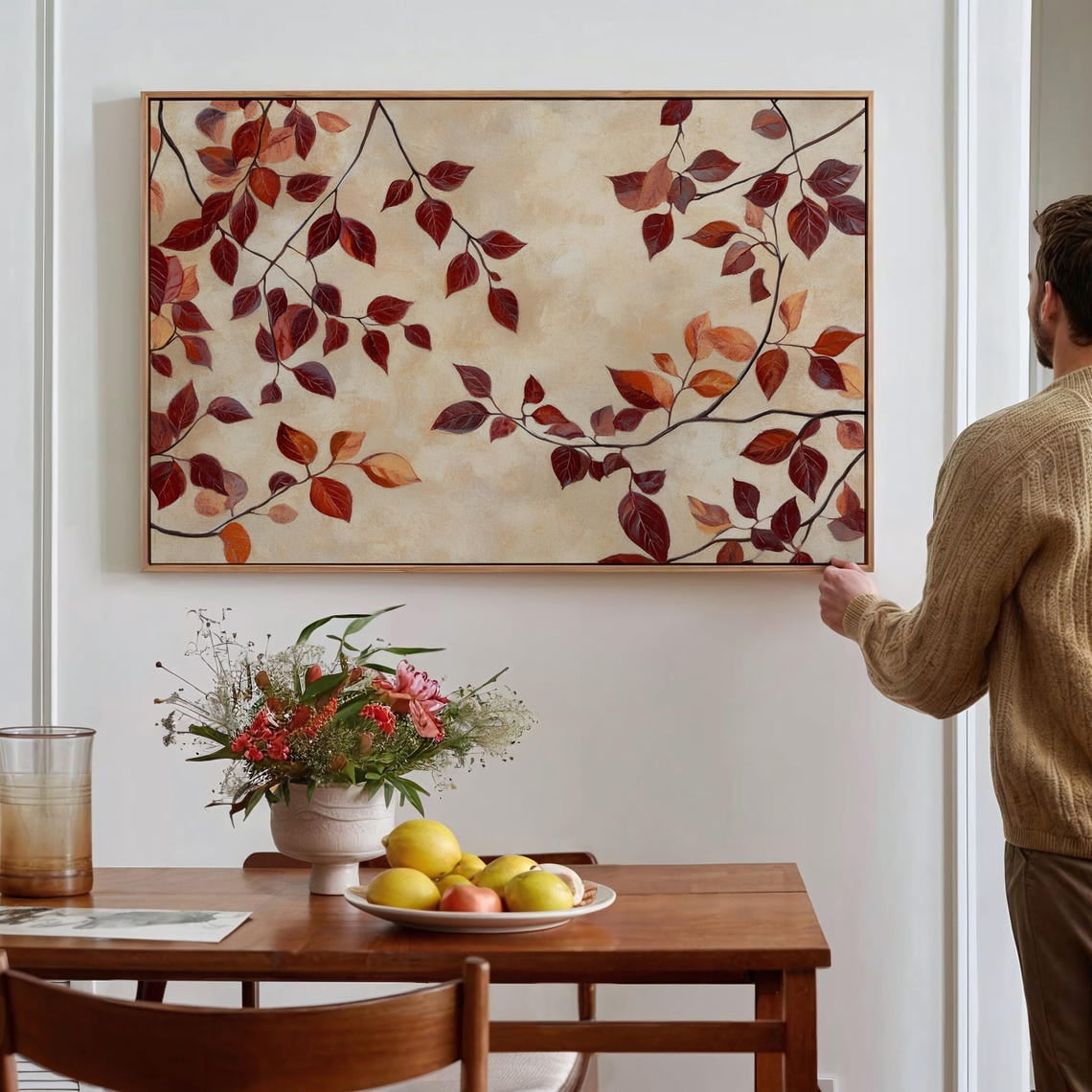 Burgundy And Orange Autumn Leaves Art - Elegant Fall Foliage On Beige ...