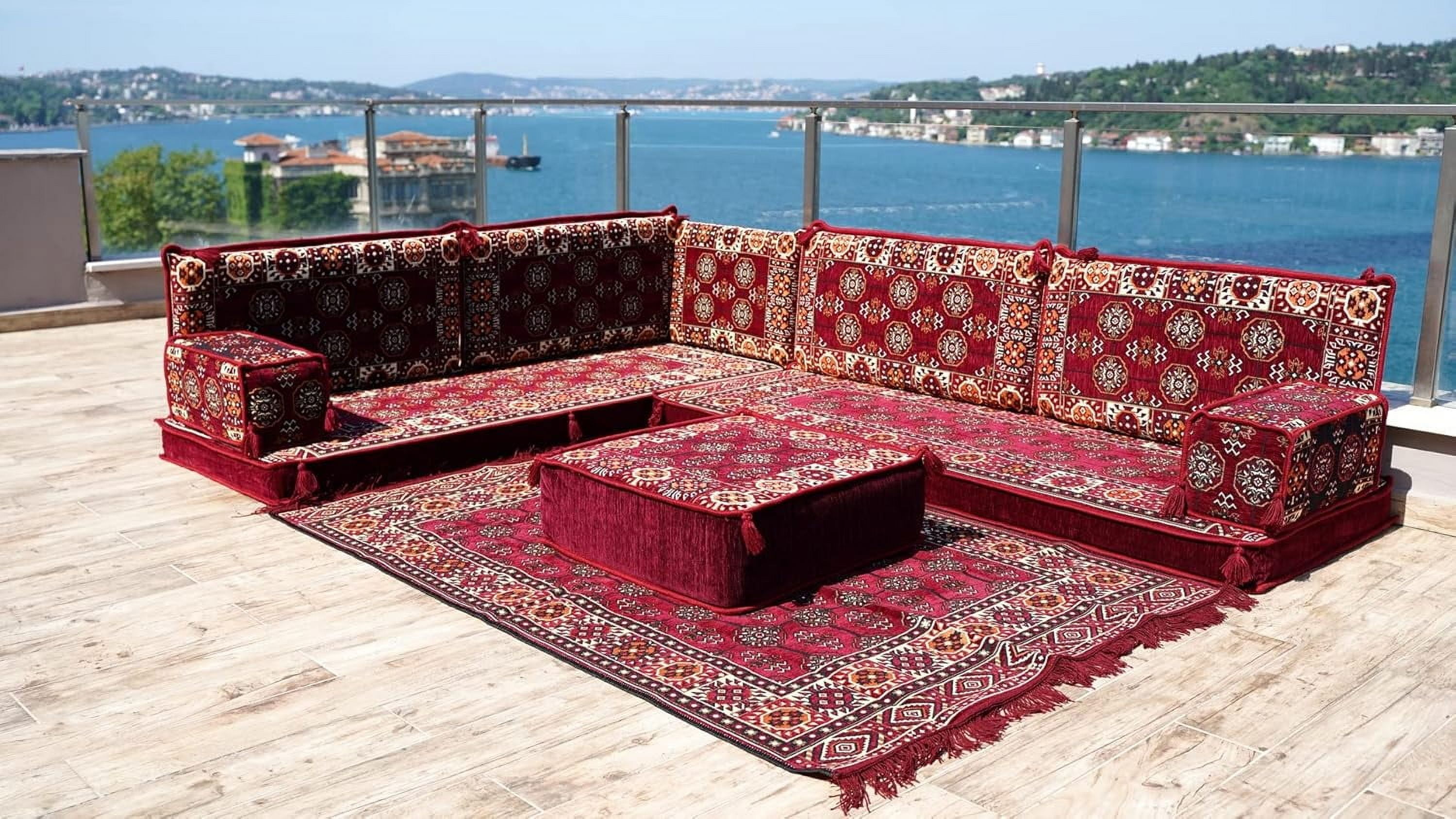 Burgundy Arabic Majlis Seating Set, Floor Cushions, Turkish Sofa Set, U ...