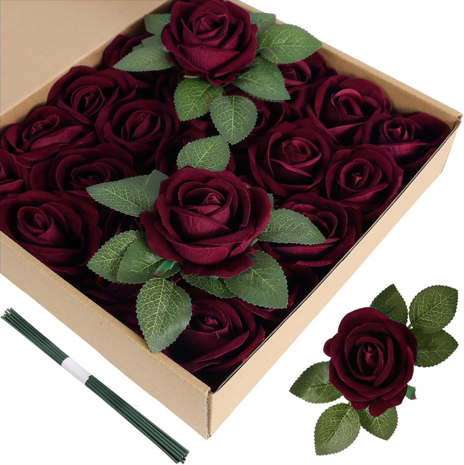 Burgundy Velvet Roses 25 PCS Real Look Silk Flowers with Stems for DIY ...