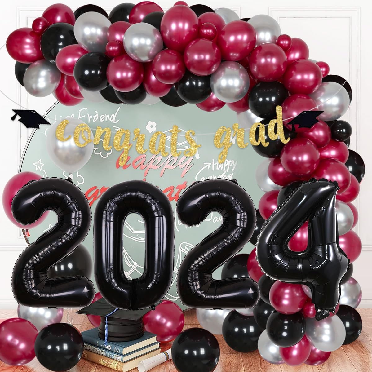 Burgundy and Black Graduation Decorations, Class of 2024 Congrats Grad ...