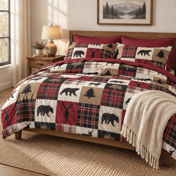 Burgundy Black King Size Rustic Lodge Woodland Animal Patchwork ...