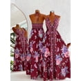 Burgundy Bohemian Floral Print Maxi Slip Dress With V-Neck And Tie Back ...