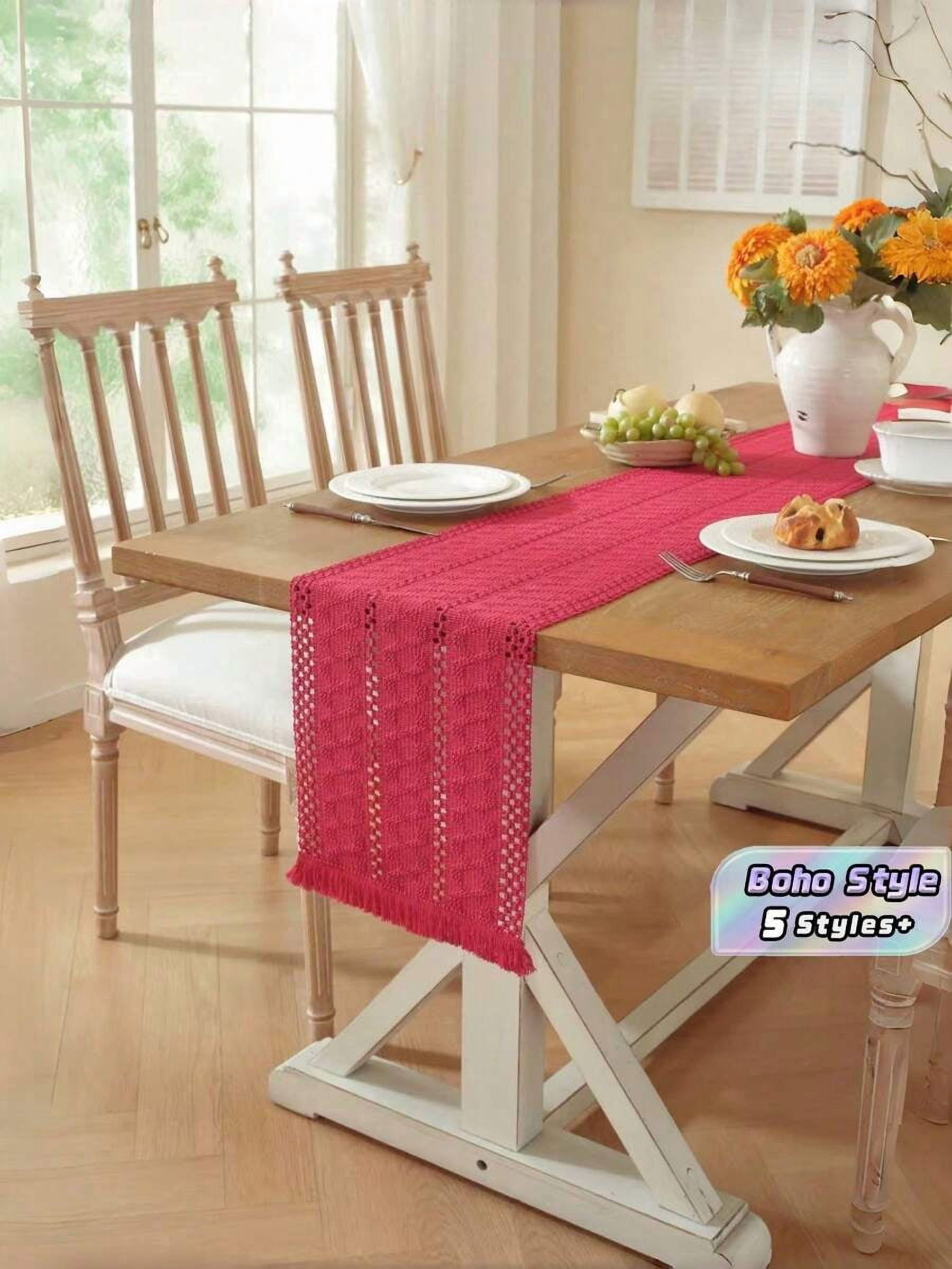 Burgundy Boho Knit Table Runner With Fringe For Rustic Farmhouse Dining ...