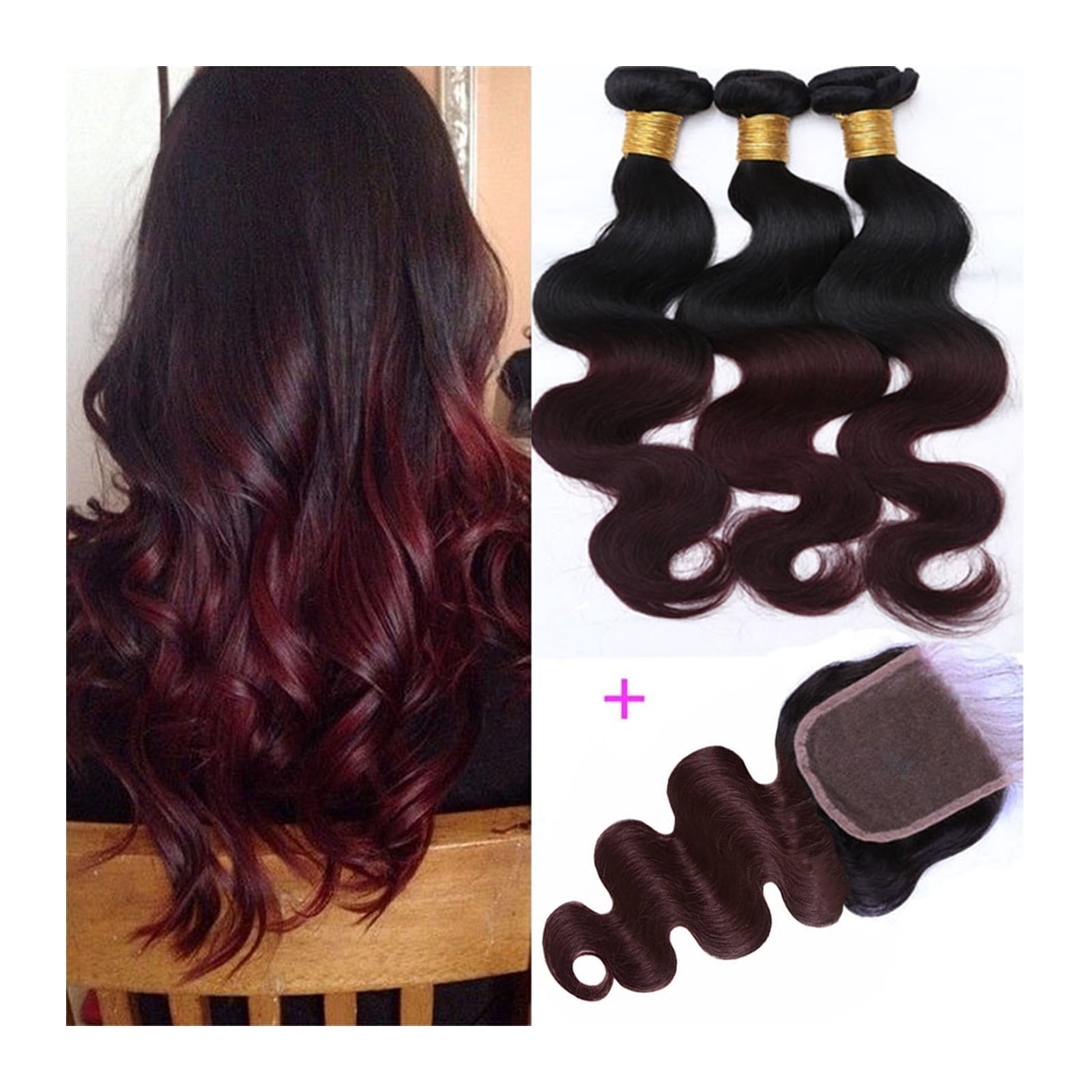 Burgundy Bundles with Closure Body Wave Ombre Bundles With Closure 1B ...