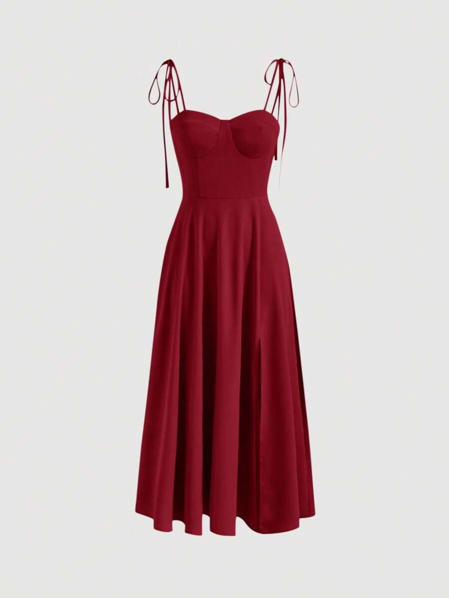 Burgundy Bustier Waist Tie-Shoulder A-Line Midi Cami Dress For Women ...