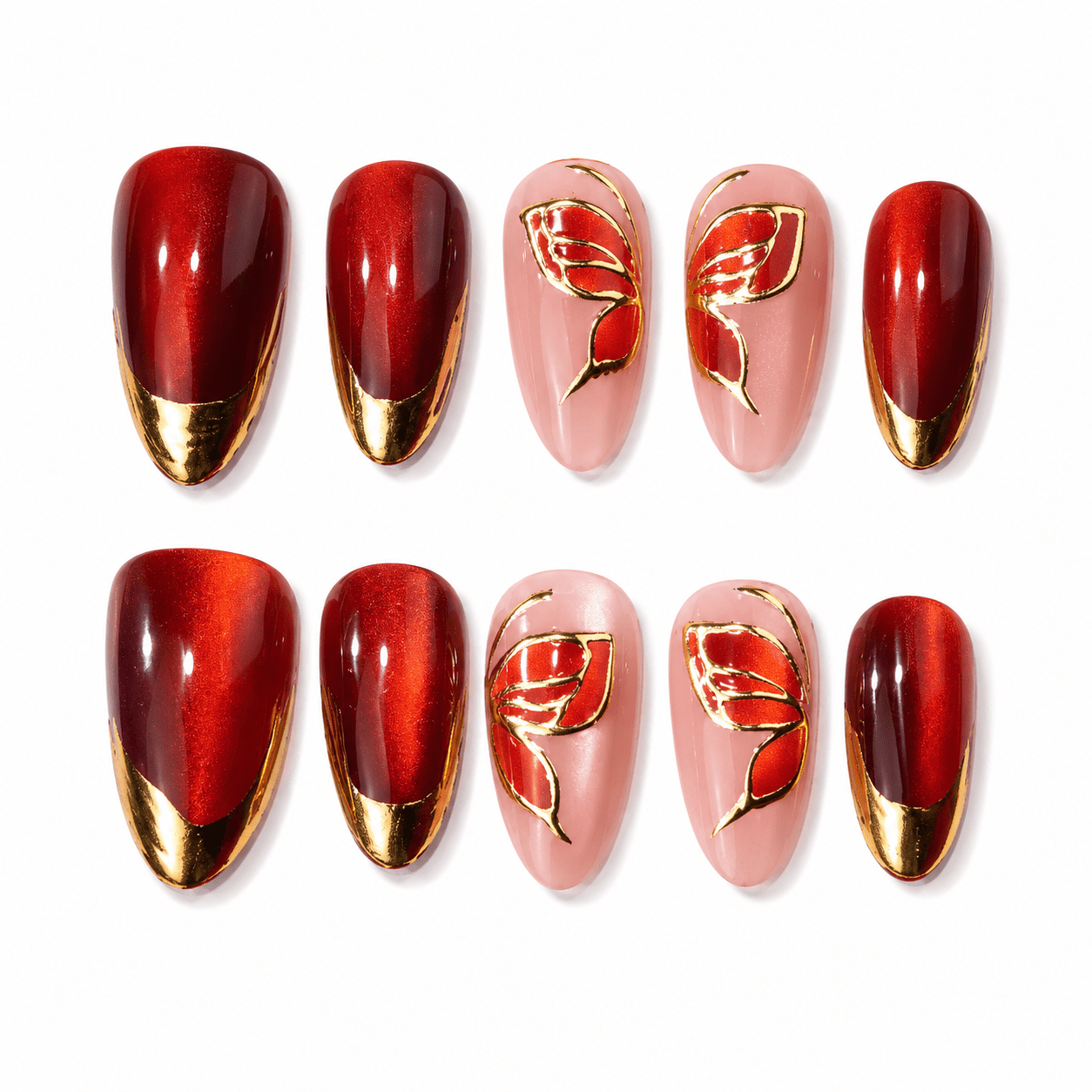 Burgundy Cat Eye Press on Nails, Medium Almond Glossy False Nails with ...