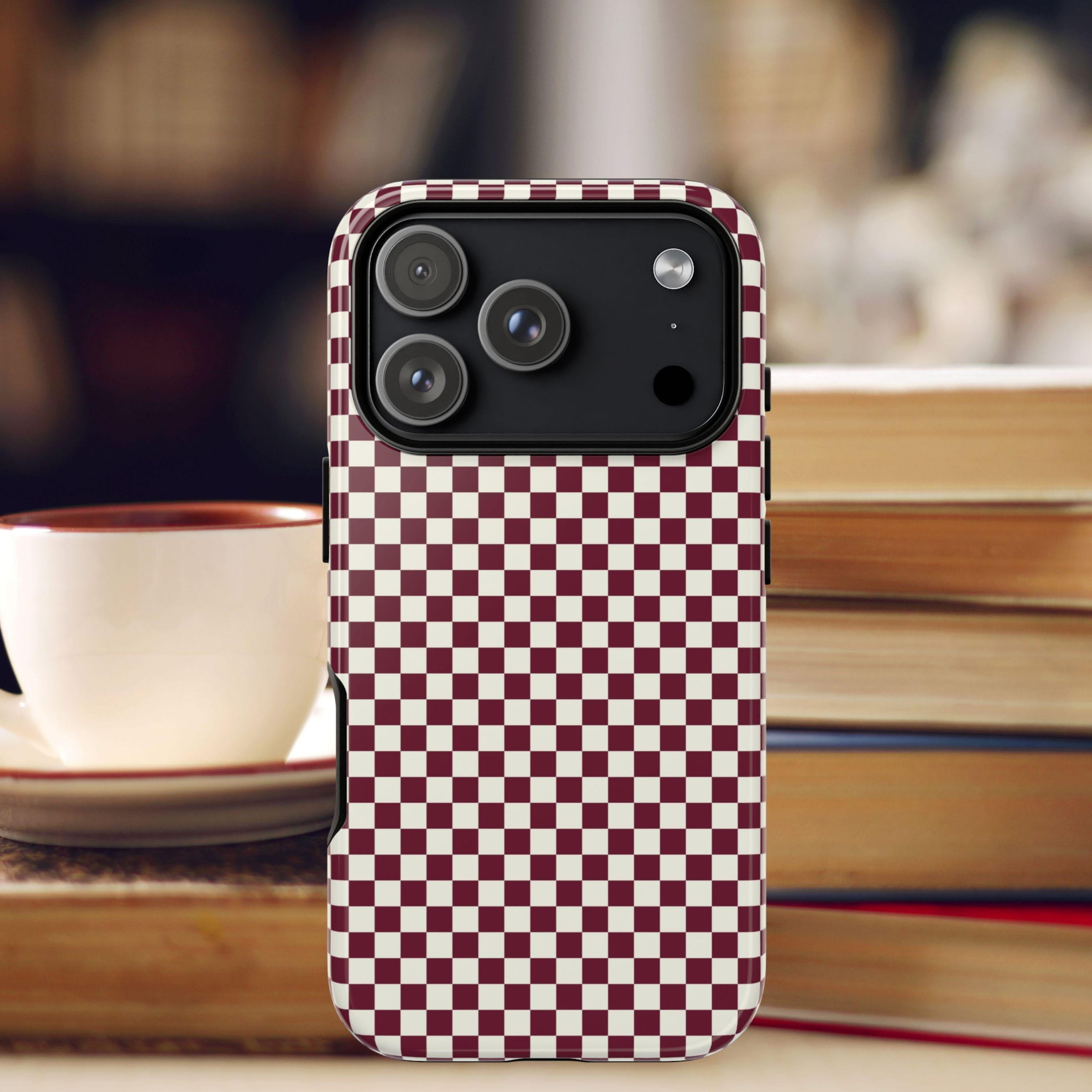 Burgundy Checkerboard Phone Case with iPhone 17 11 12 13 14 15 16 Pro ...