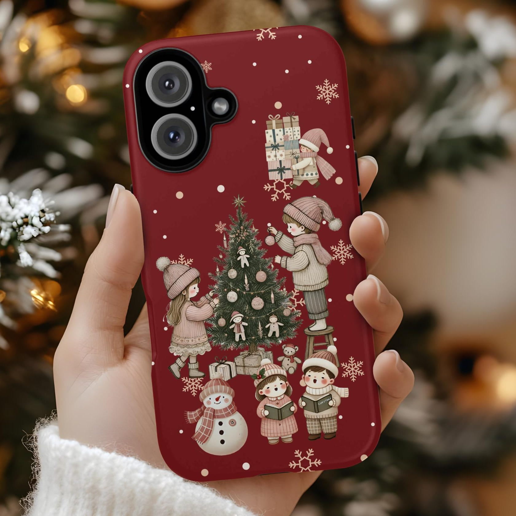 Burgundy Christmas Holiday Phone Case Kids Winter Fun with iPhone 17 16 ...