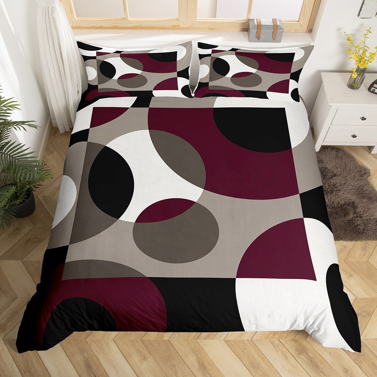 Burgundy Circle Bedding Set Geometry Comforter Cover,Abstract Swirls ...