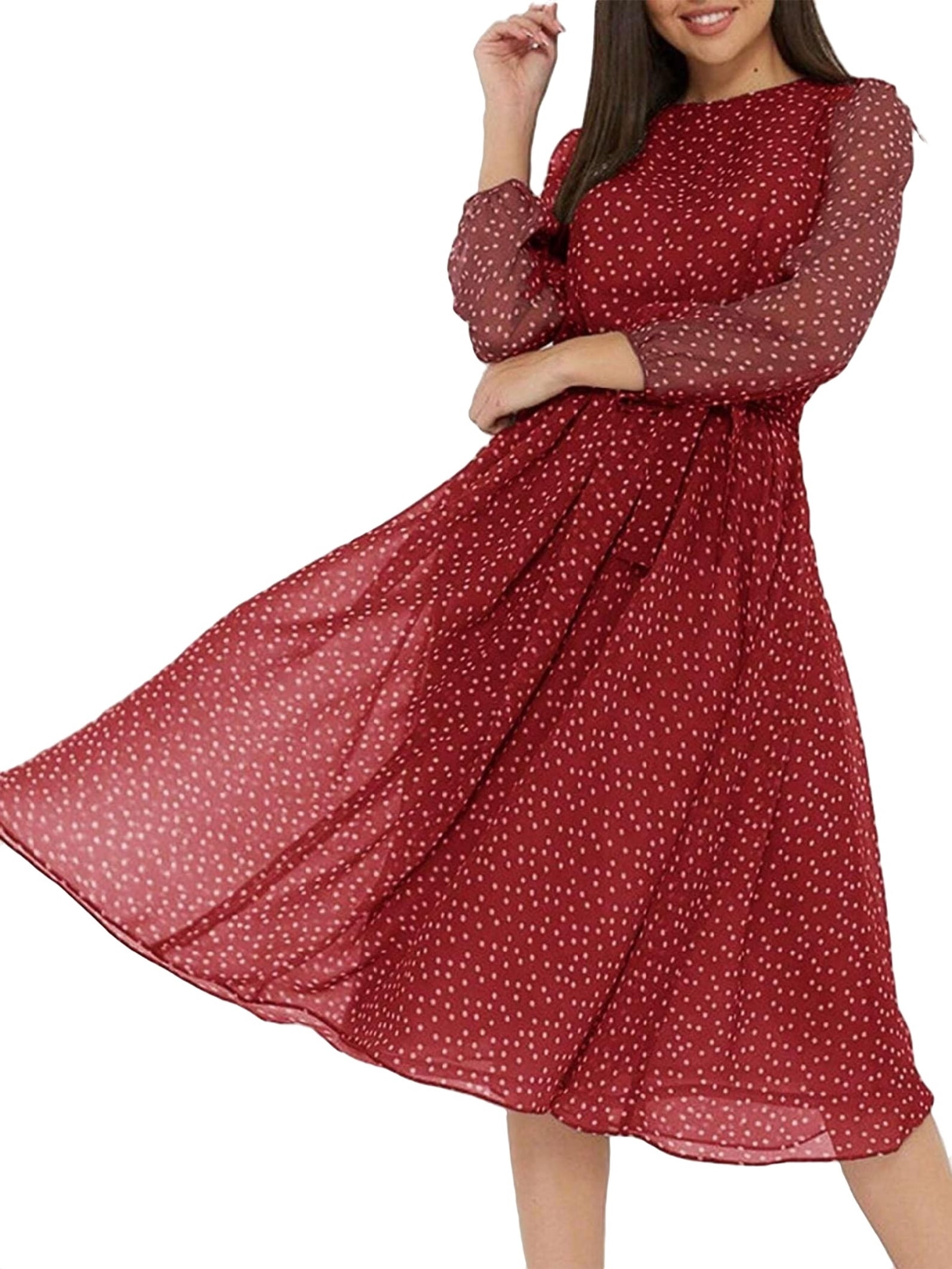 Burgundy Color All Over Print Dress with Polka Dot Belted Design, Round ...