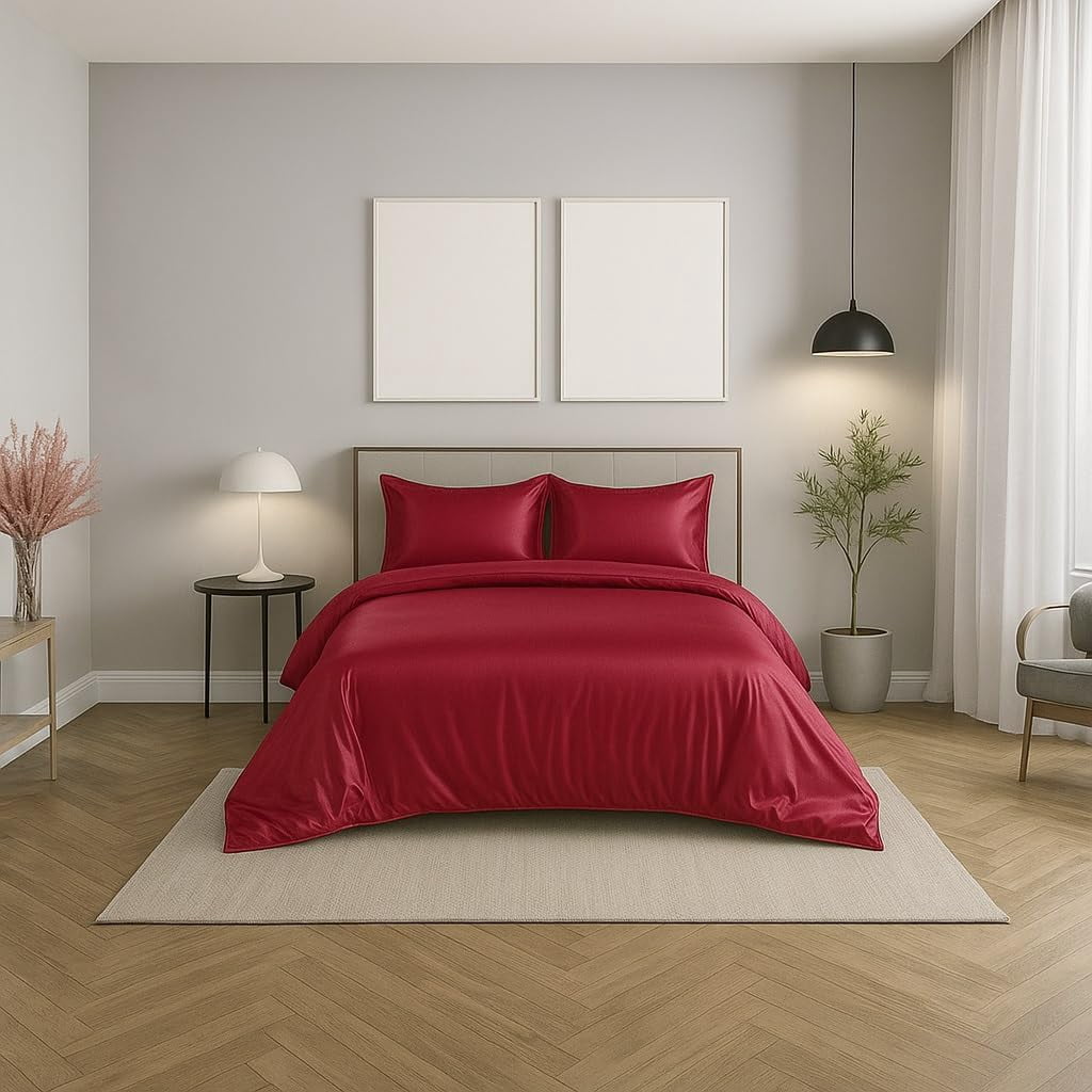 Burgundy Color Mulberry Silk 3-Sided Zipper Closure Duvet Cover Set (3 ...