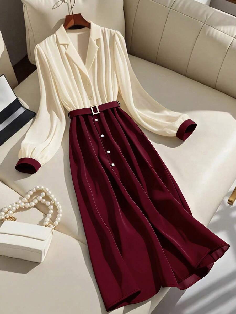 Burgundy Contrast Color Patchwork Long Sleeve Shirt Dress, Elegant ...
