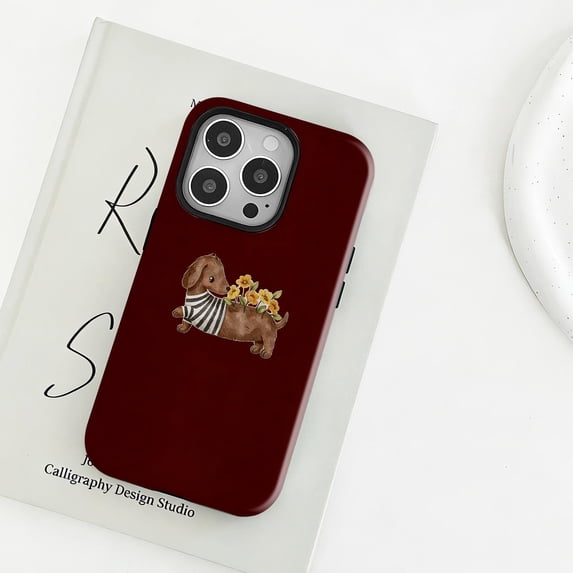 Burgundy Dachshund & Yellow Floral Tough Phone Case, Retro Cute ...