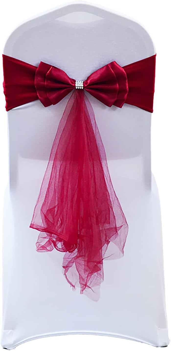 Burgundy Double Bow Stretch Chair Sashes Organza Modern Chair Bands for ...