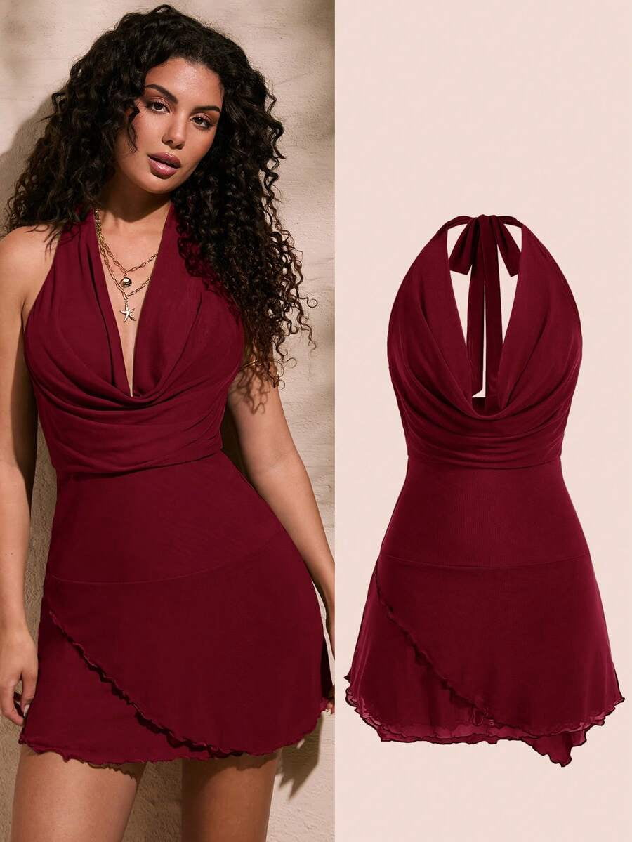 Burgundy Draped Halter Mini Dress With Open Back And Asymmetrical ...