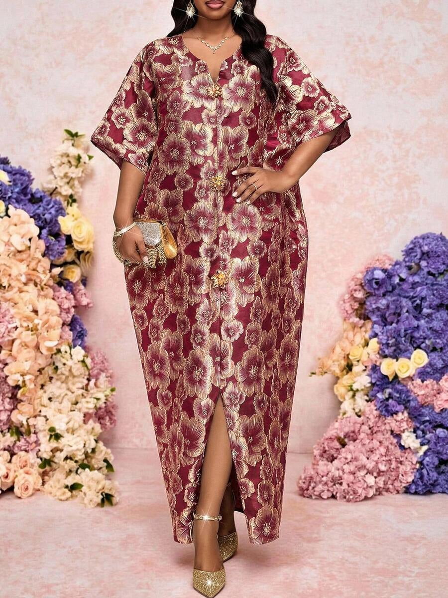 Burgundy Elegant Modest Maxi Tunic Dress With Gold Floral Jacquard ...