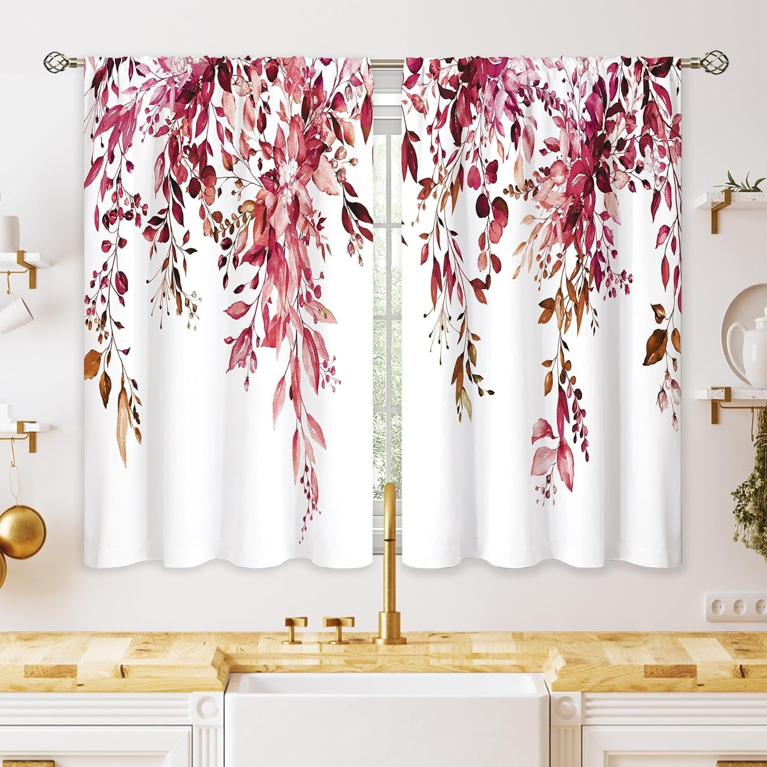 Burgundy Eucalyptus Small Kitchen Curtains Watercolor Red Leaves Window ...