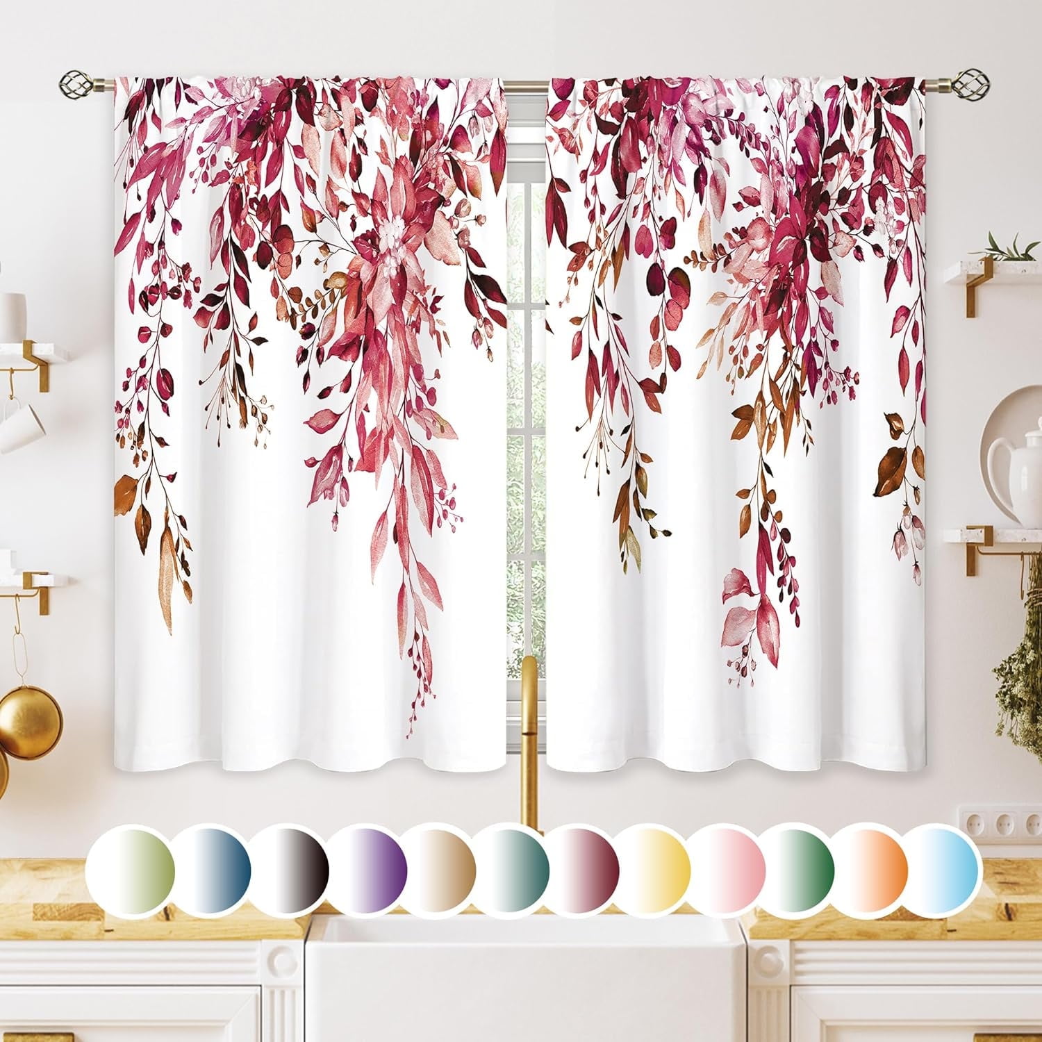 Burgundy Eucalyptus Small Kitchen Curtains Watercolor Red Leaves Window ...