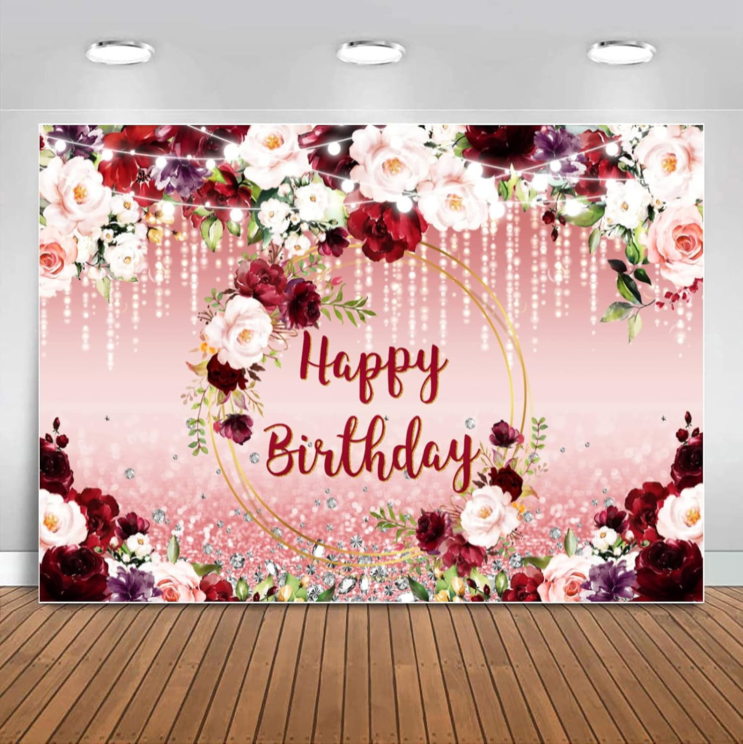 Burgundy Floral Birthday Backdrop Pink Rose Gold Flower Dot Happy ...