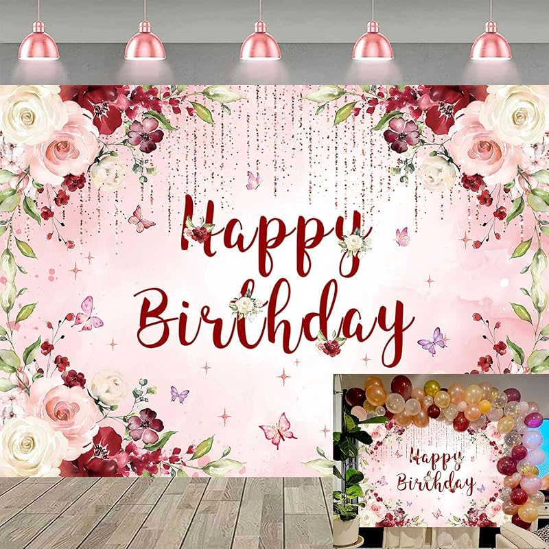 Burgundy Floral Happy Birthday Backdrop Glitter Pink Rose Flower ...
