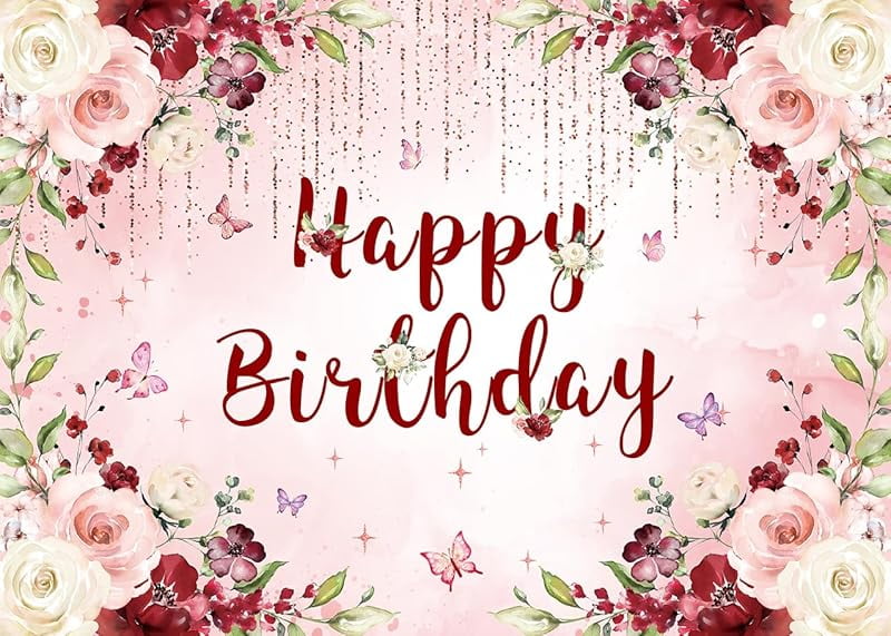 Burgundy Floral Happy Birthday Backdrop Glitter Pink Rose Flower ...