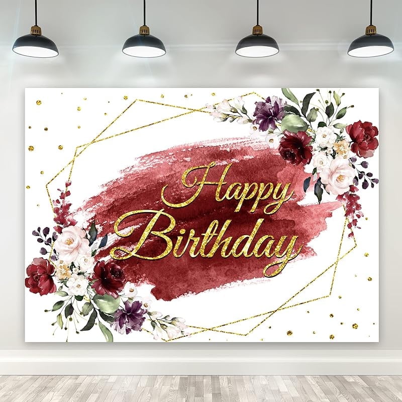 Burgundy Floral Happy Birthday Backdrop for Women Girls 7Wx5H Feet ...