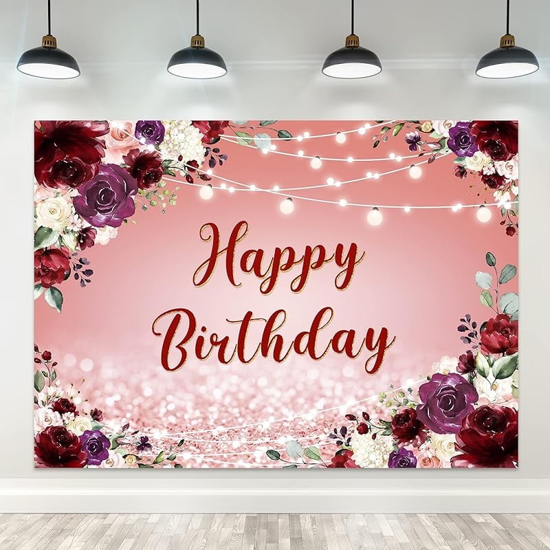 Burgundy Floral Happy Birthday Backdrop for Women Girls 7Wx5H Feet ...