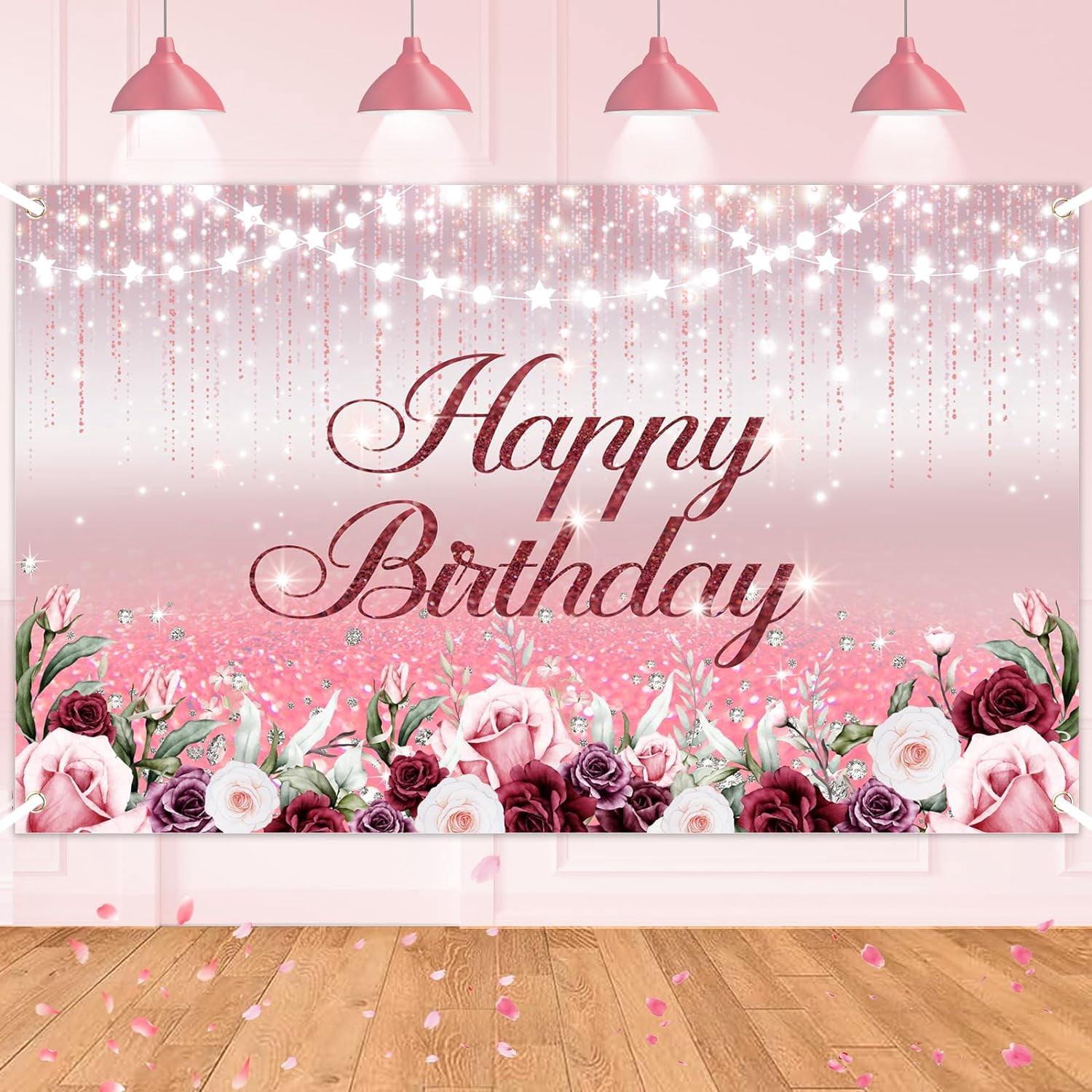 Burgundy Floral Happy Birthday Banner Rose Gold Flower Birthday Party ...