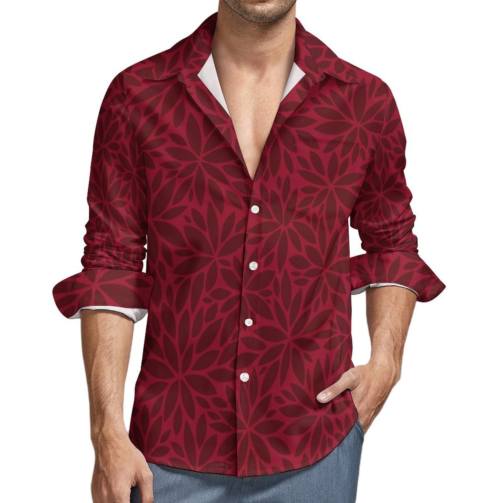 Burgundy Floral Mens Long Sleeve Button Down Shirts, Casual Men's ...