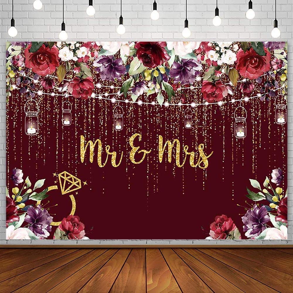 Burgundy Floral Mr & Mrs Backdrop Engagement Party Decorations for ...