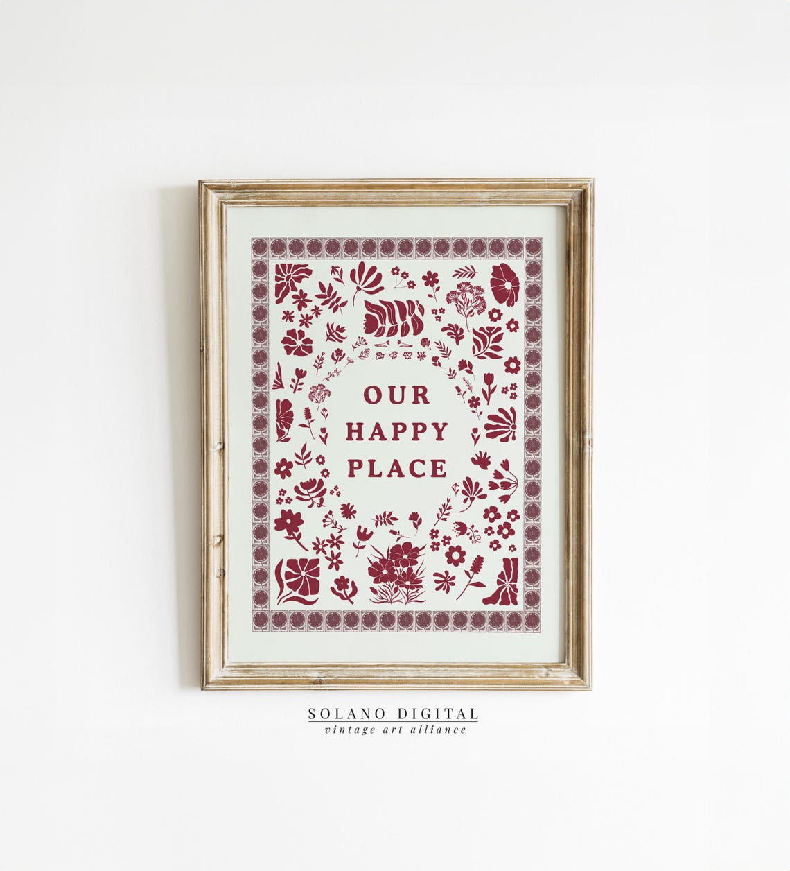 Burgundy Floral Our Happy Place Print Vintage Cottage Decor, Unframed ...
