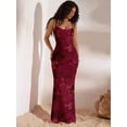 Burgundy Floral Print Spaghetti Strap Backless Maxi Dress, Smooth Satin ...