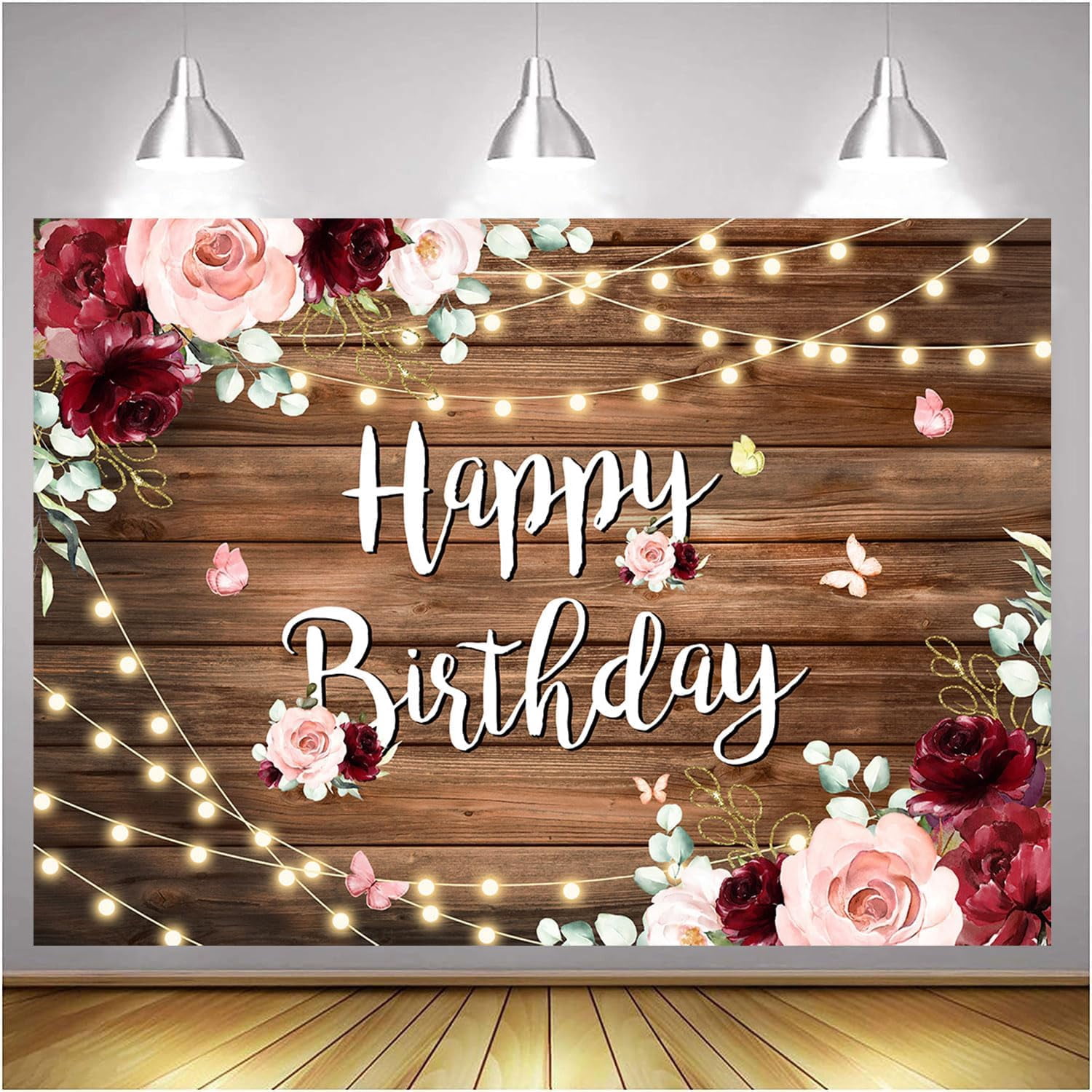 Burgundy Floral Rustic Wood Birthday Backdrop Party Decorations Banner ...