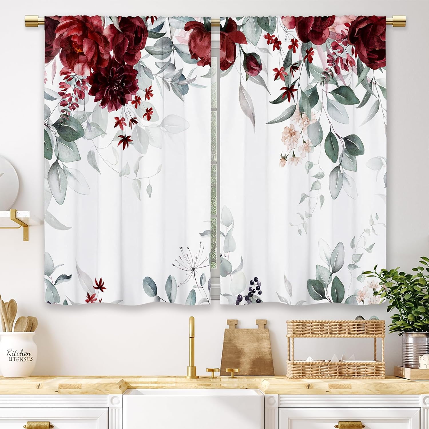 Burgundy Flower Kitchen Curtains Red Floral Green Leaves Small Short ...