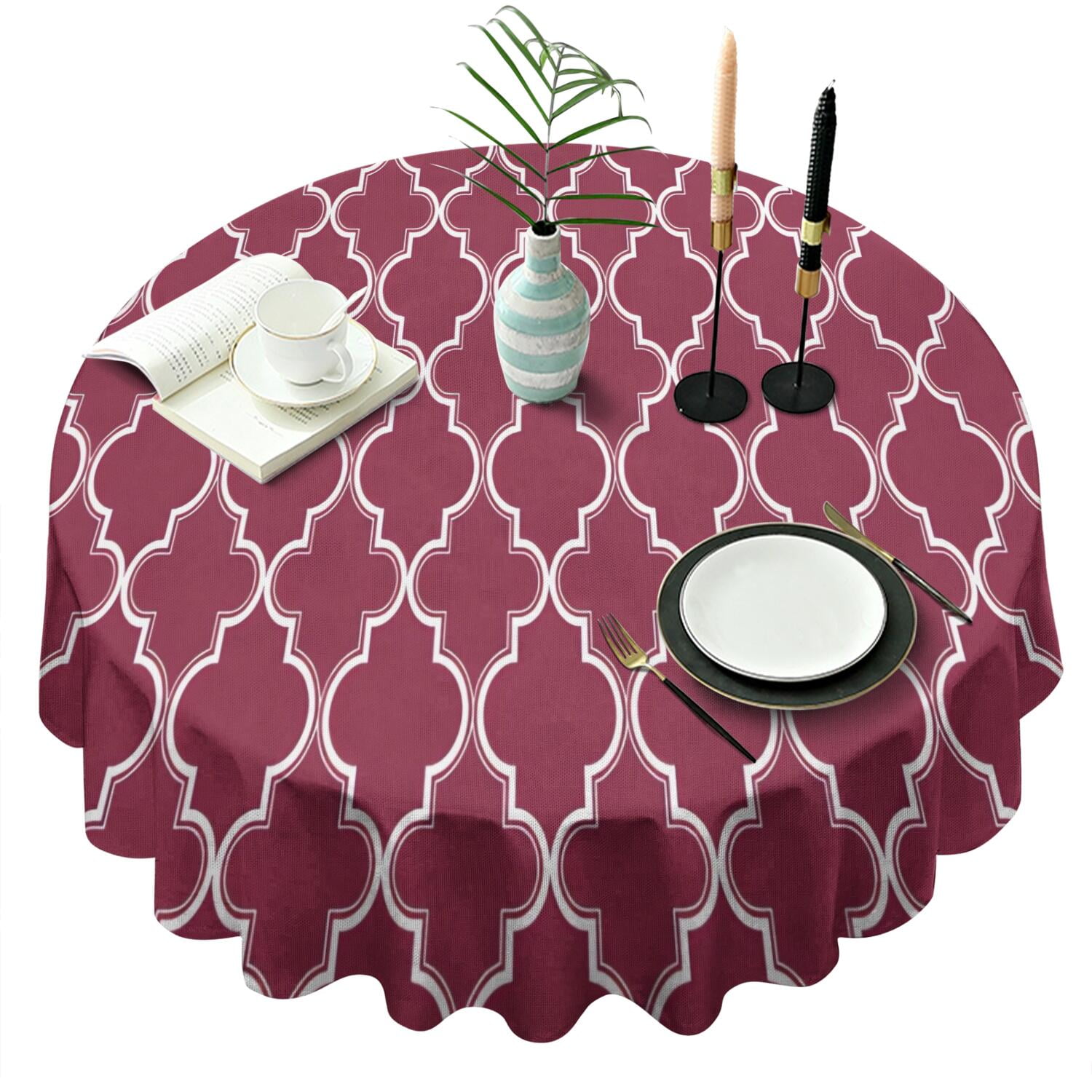 Burgundy Geometric Quatrefoil Pattern Round Tablecloth 60"x60",Wrinkle ...