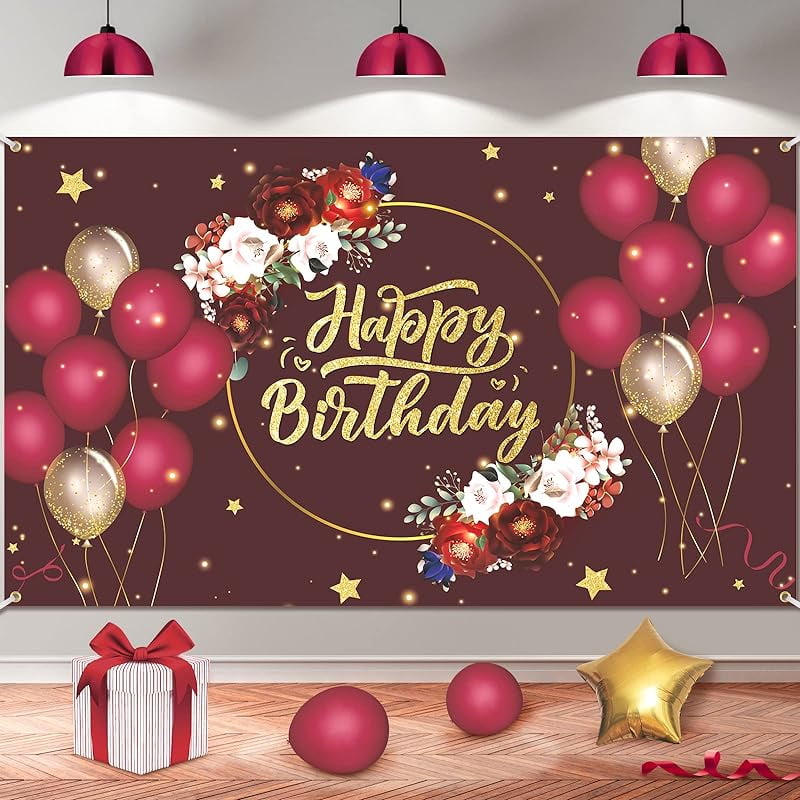 Burgundy Gold Happy Birthday Backdrop Banner Floral Photography ...