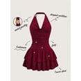 Burgundy Halter Dress With Metal Flower Accent, Sparkly Glitter Fabric ...