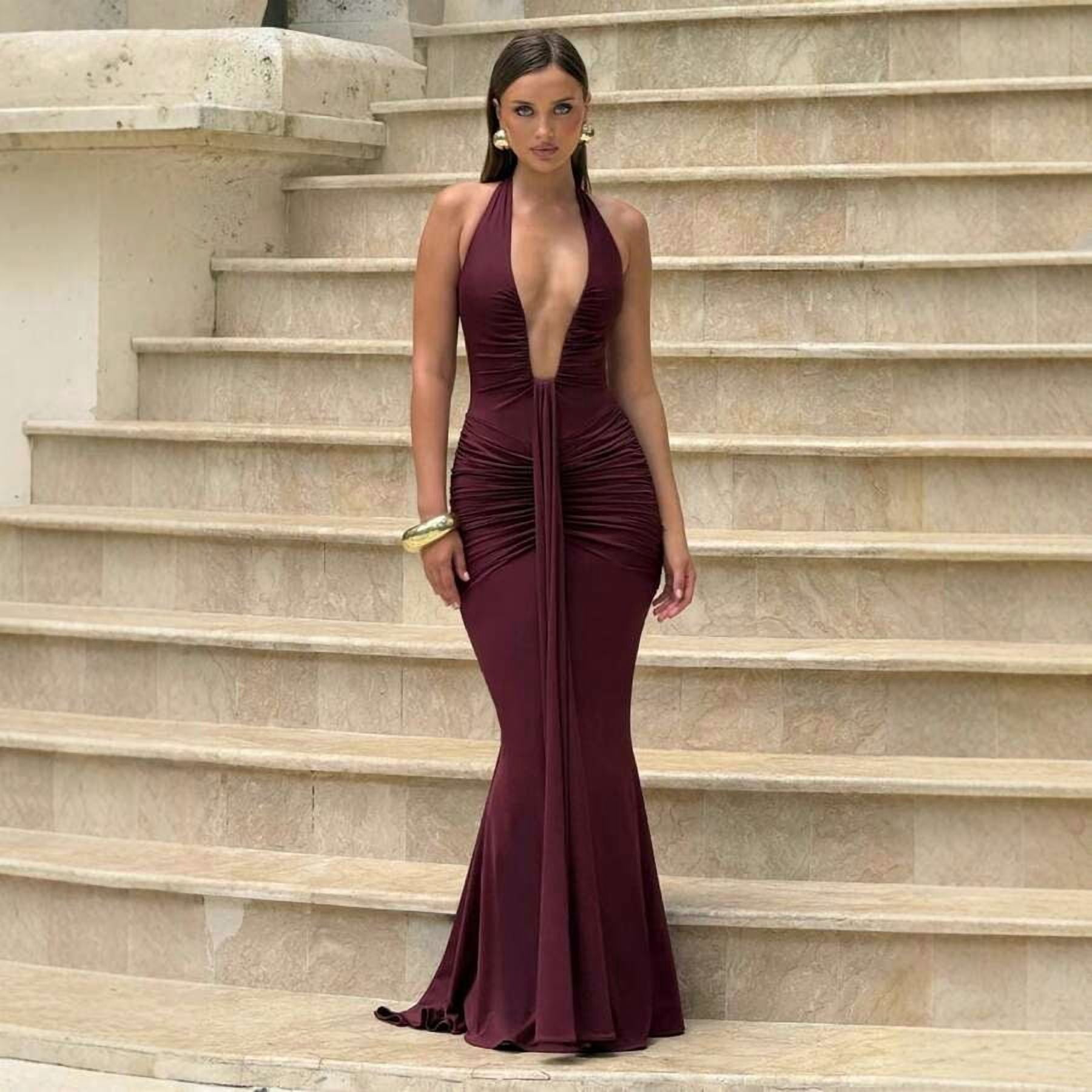 Burgundy Halter Neck Deep V Ruched Mermaid Maxi Dress For Women Evening ...