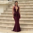 Burgundy Halter Neck Deep V Ruched Mermaid Maxi Dress For Women Evening ...