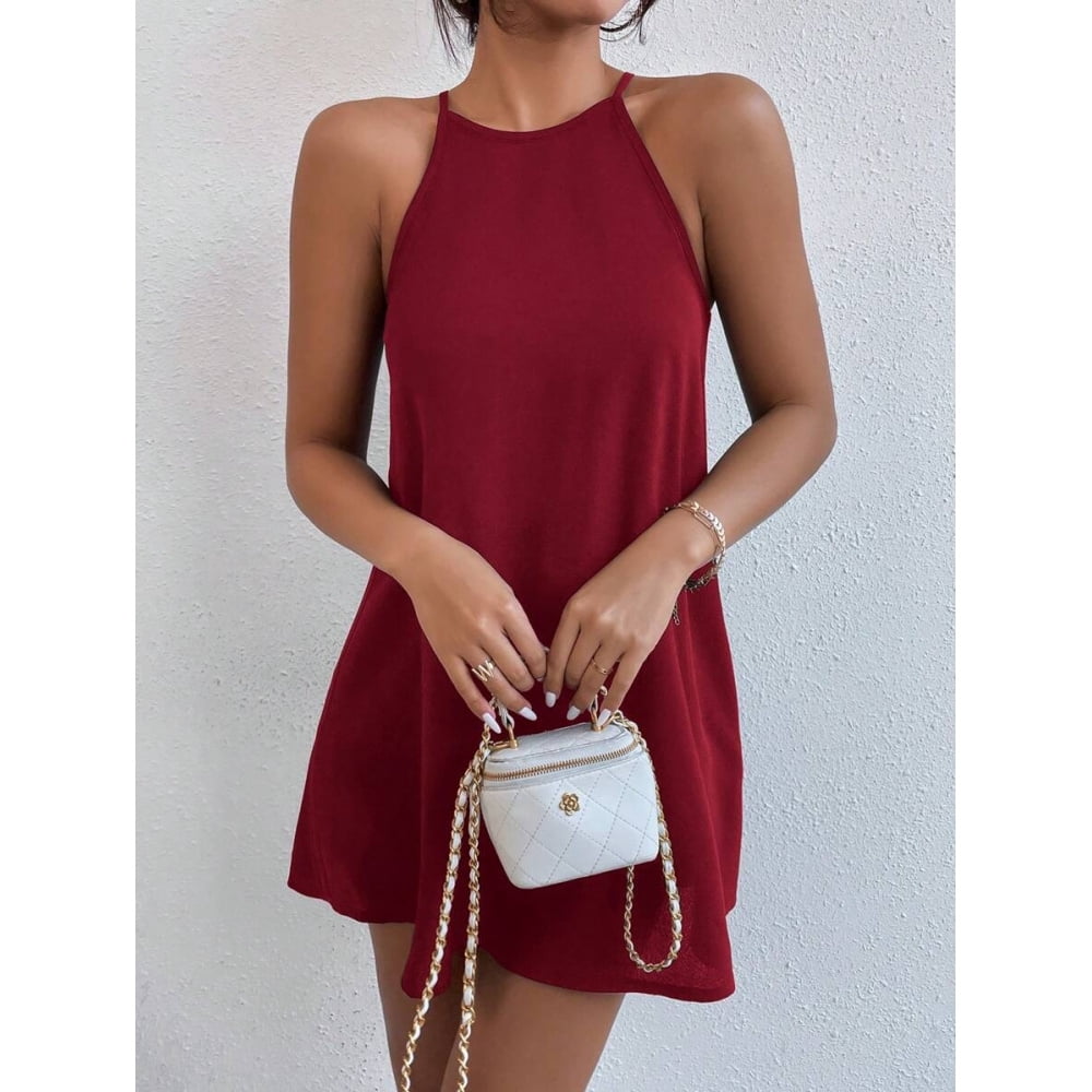 Burgundy Halter Neck Sleeveless A-Line Mini Dress With Keyhole Back For ...