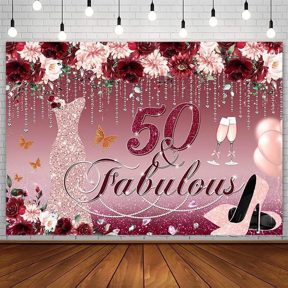 Burgundy Happy 50th Birthday Backdrop for Women 50th Birthday Party ...