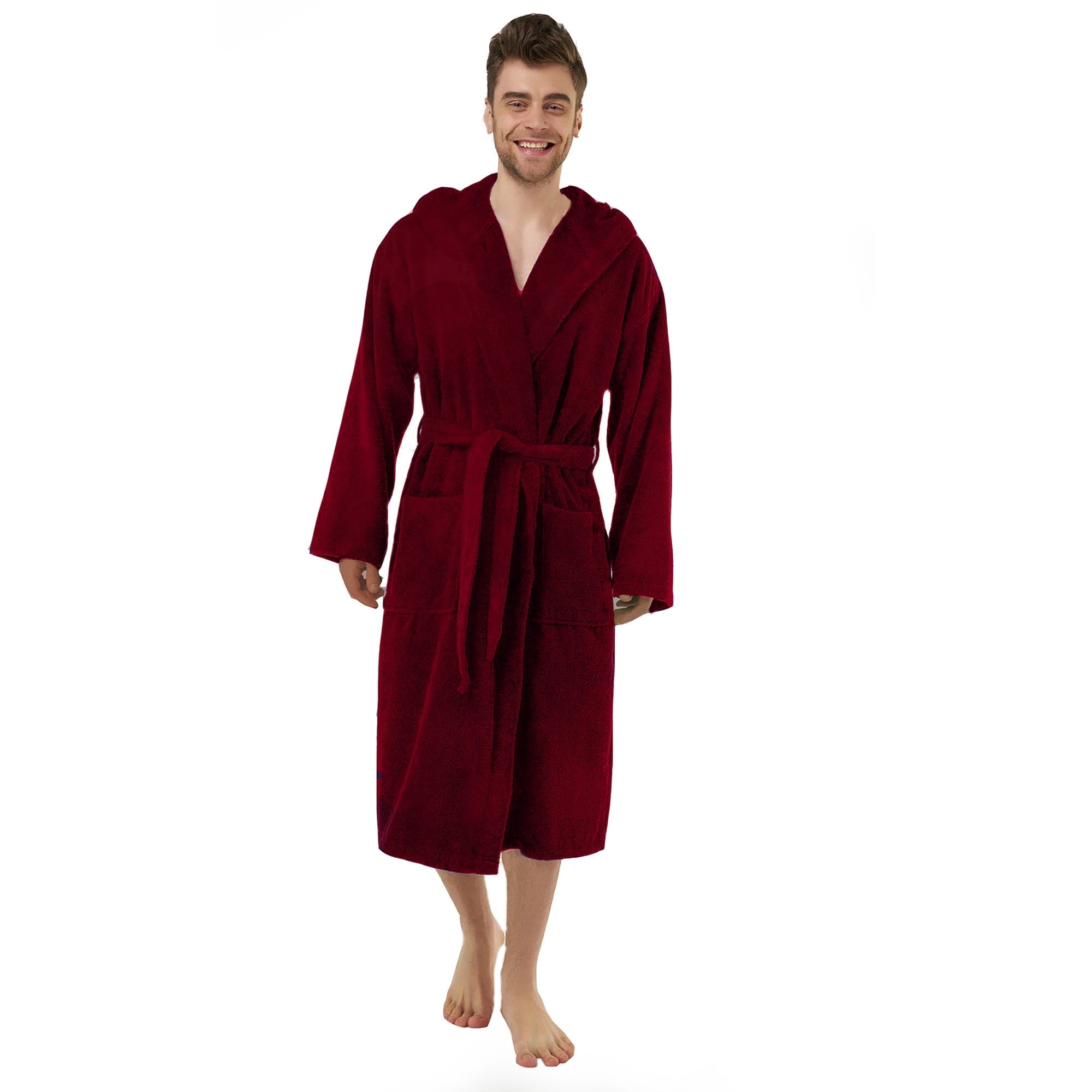 Burgundy Hooded Bathrobe for Men. Adult XL, Full Length, 100% Cotton ...