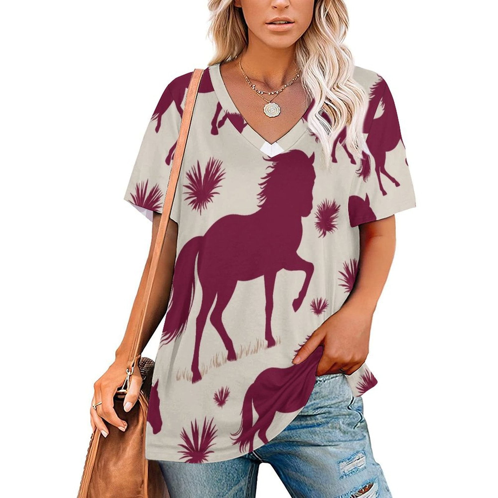 Burgundy Horse Pattern T Shirts V Neck Short Sleeve Print Top Tees ...