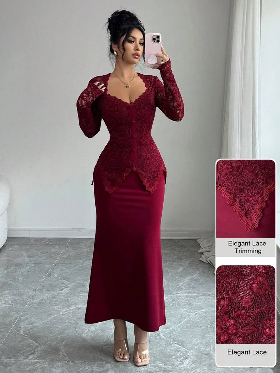 Burgundy Lace Overlay Button-Front Fitted Midi Dress With Long Sleeves ...